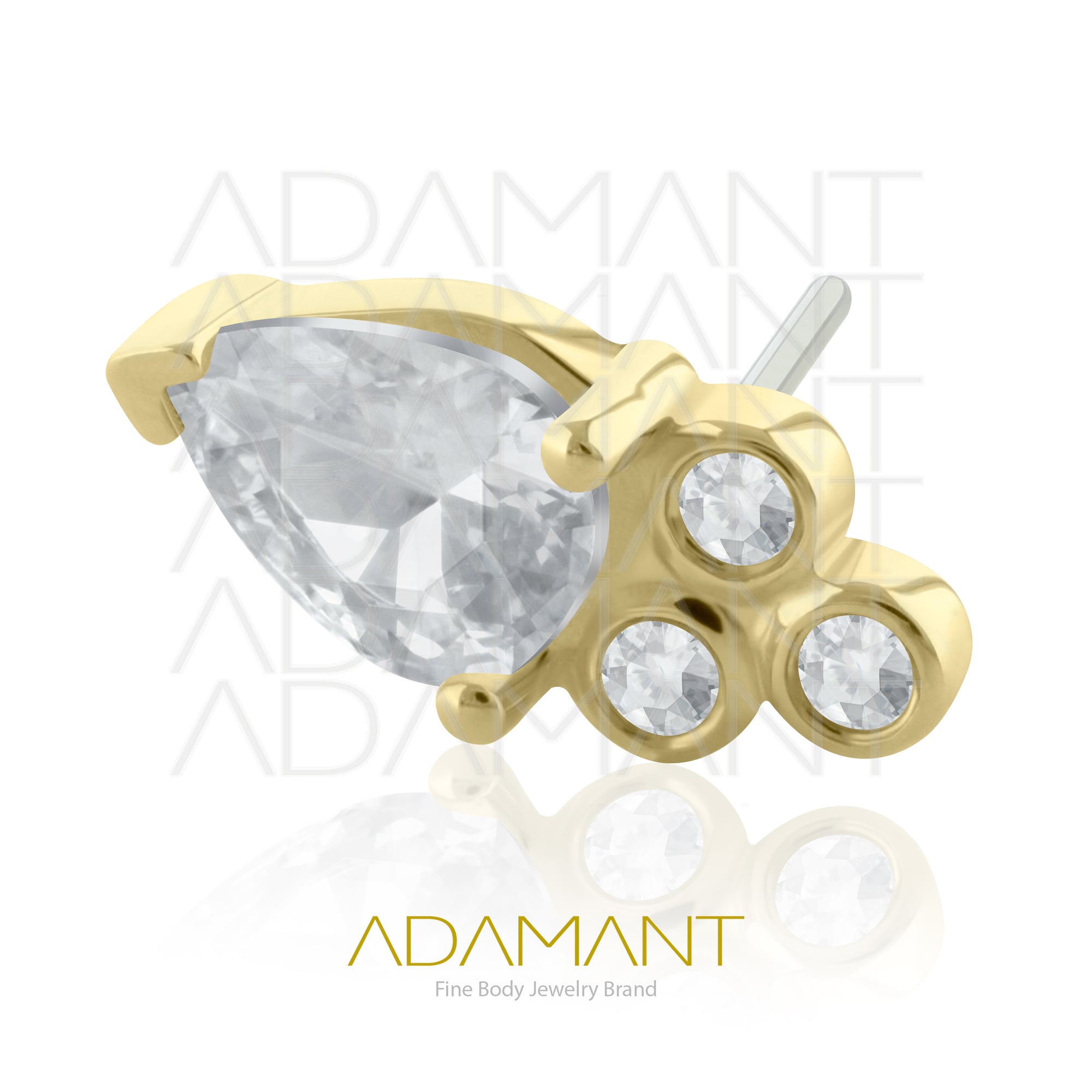 14K Solid Gold Threadless End, Teardrop trinity, Prong set, Cubic Zirconia