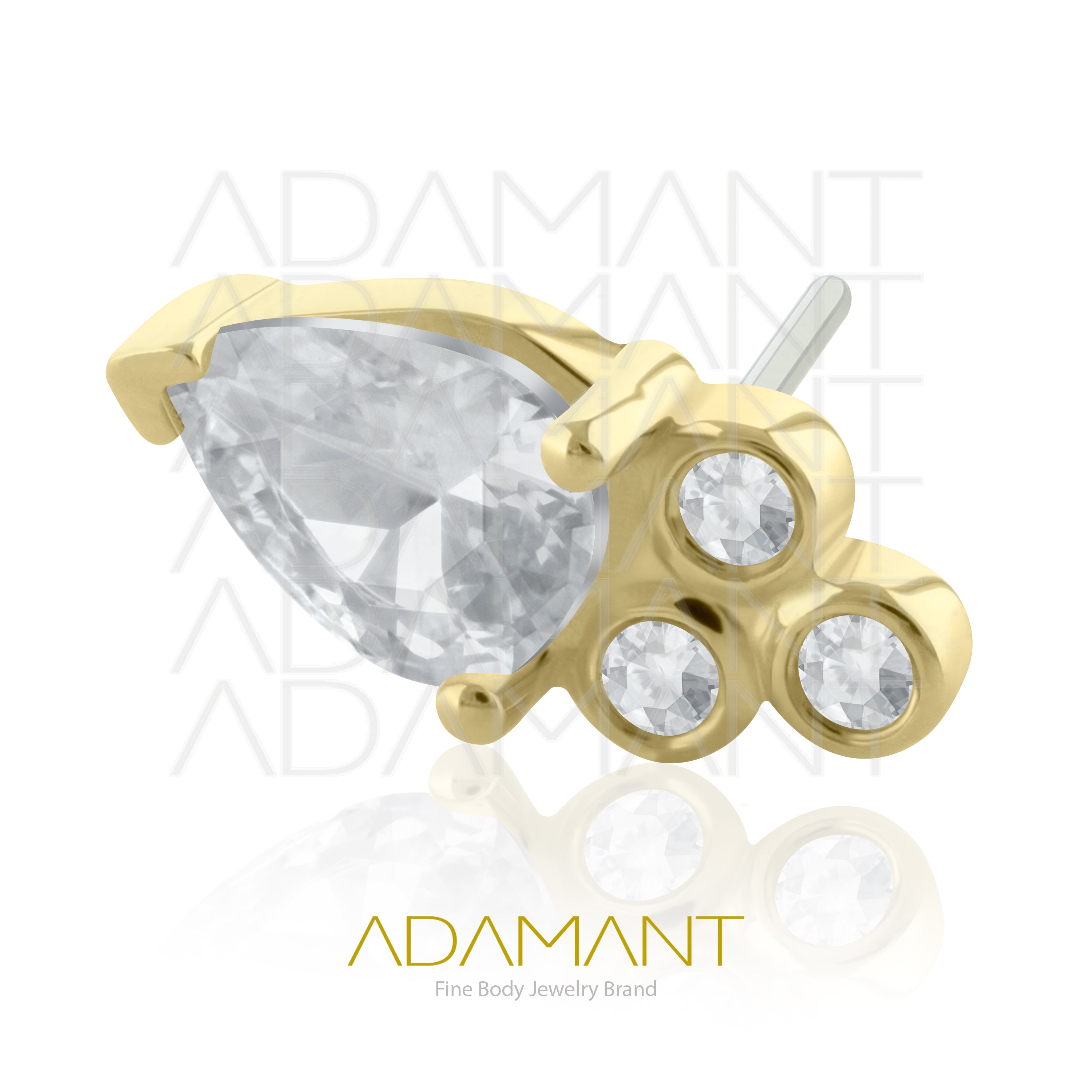 14K Solid Gold Threadless End, Teardrop trinity, Prong set, Cubic Zirconia